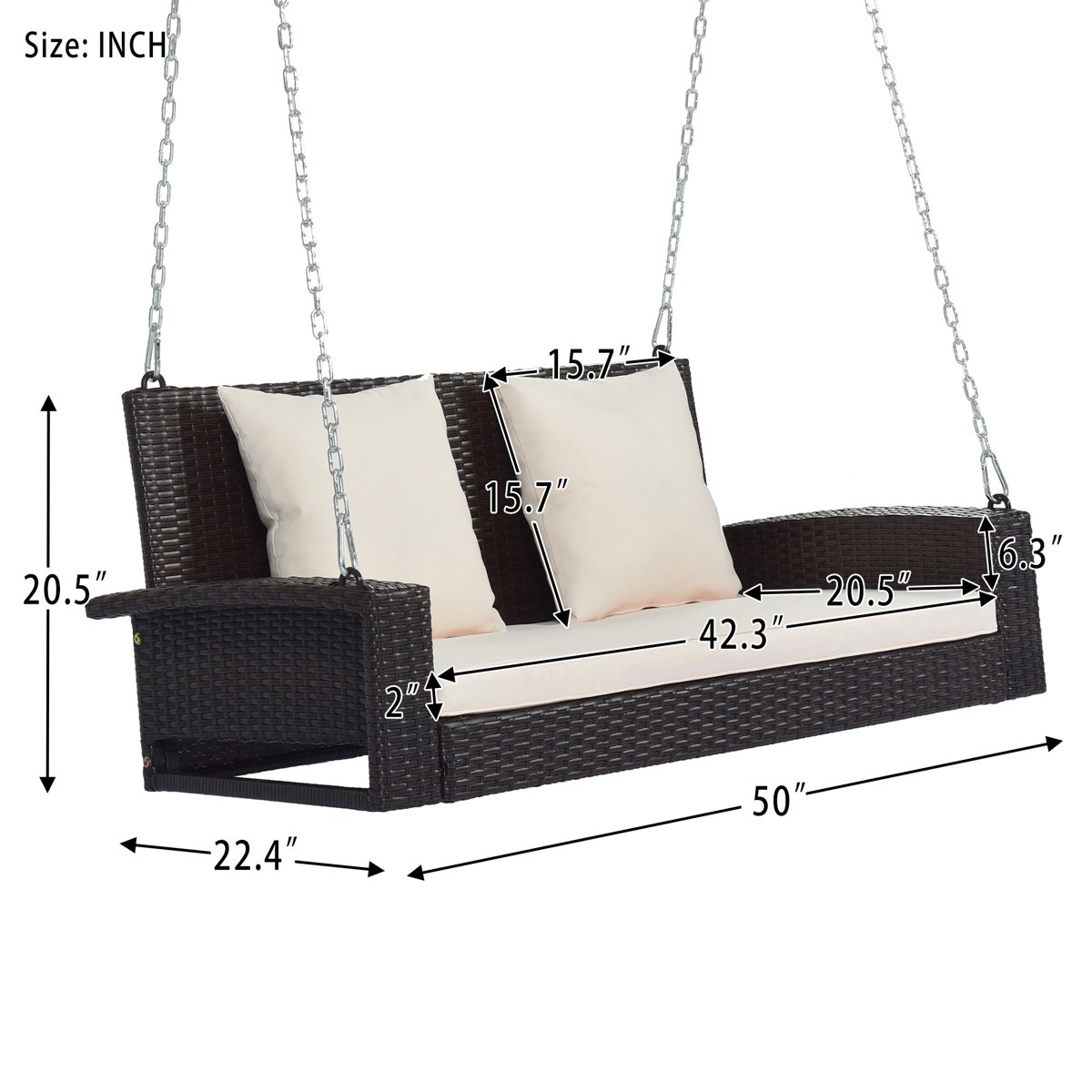 Lark Manor™ GO 2-Person Wicker Hanging Porch Swing With Chains, Cushion, Pillow, Rattan Swing ...